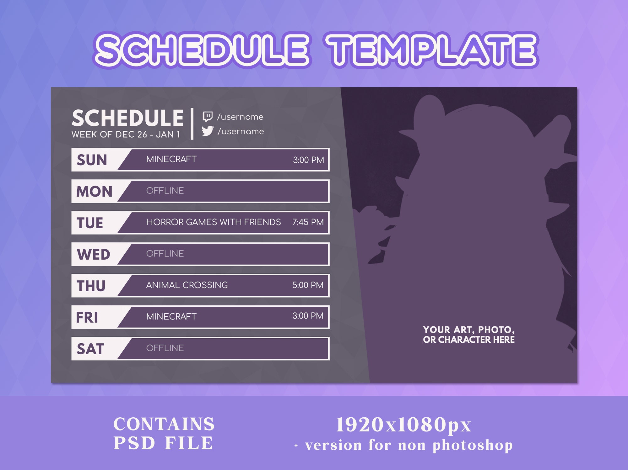Twitch Schedule Template Purple Streamer Assets Vtuber Etsy Canada