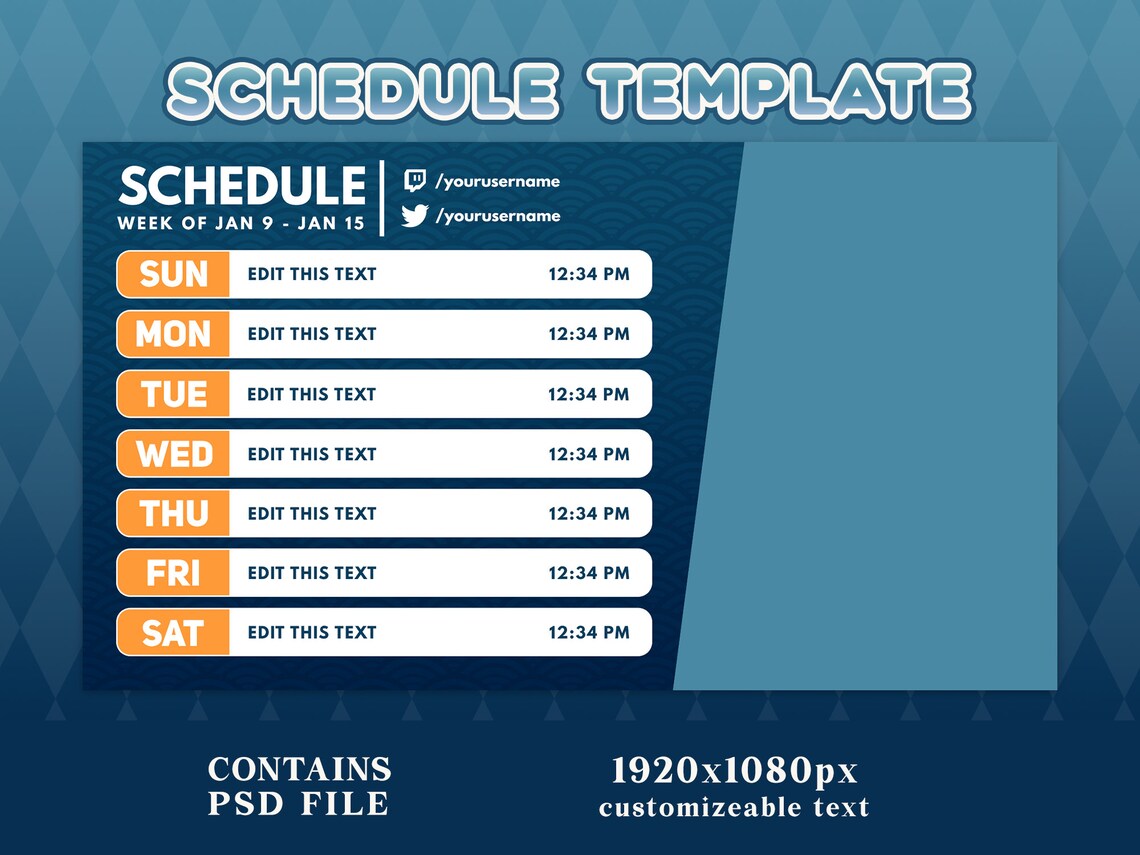 Twitch Schedule Template Deep Blue Blue & Orange Streamer Assets Vtuber ...