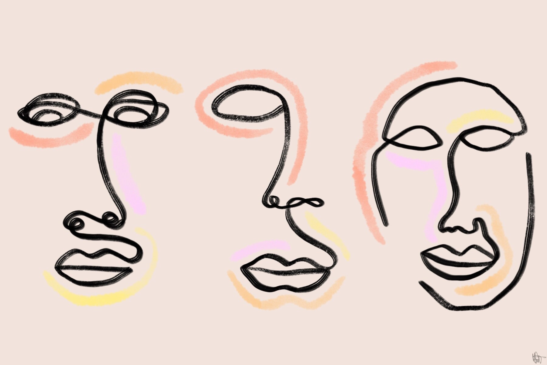 Digital Art Print One Line Drawing Three Heads Three Faces Illustrative ...