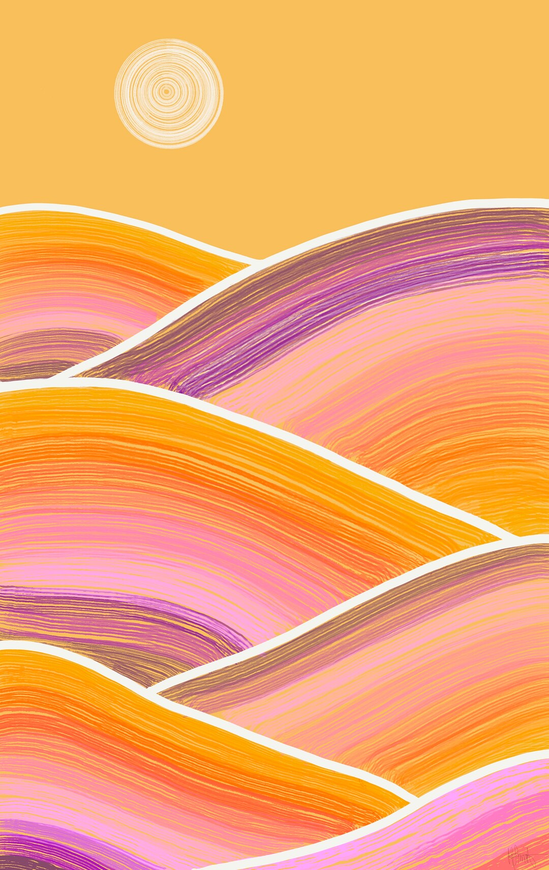 Digital Art Print - Sun Drawing - Sun N' Hills - Pink & Orange Art ...