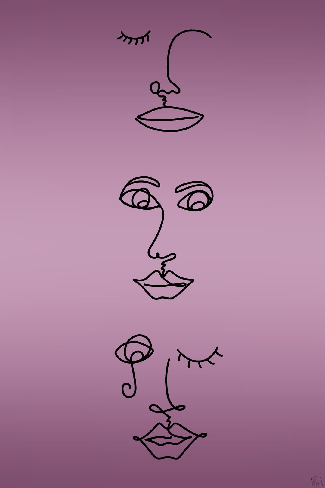 Digital Art Print - One Line Drawing - Three Faces - Smile Faces ...
