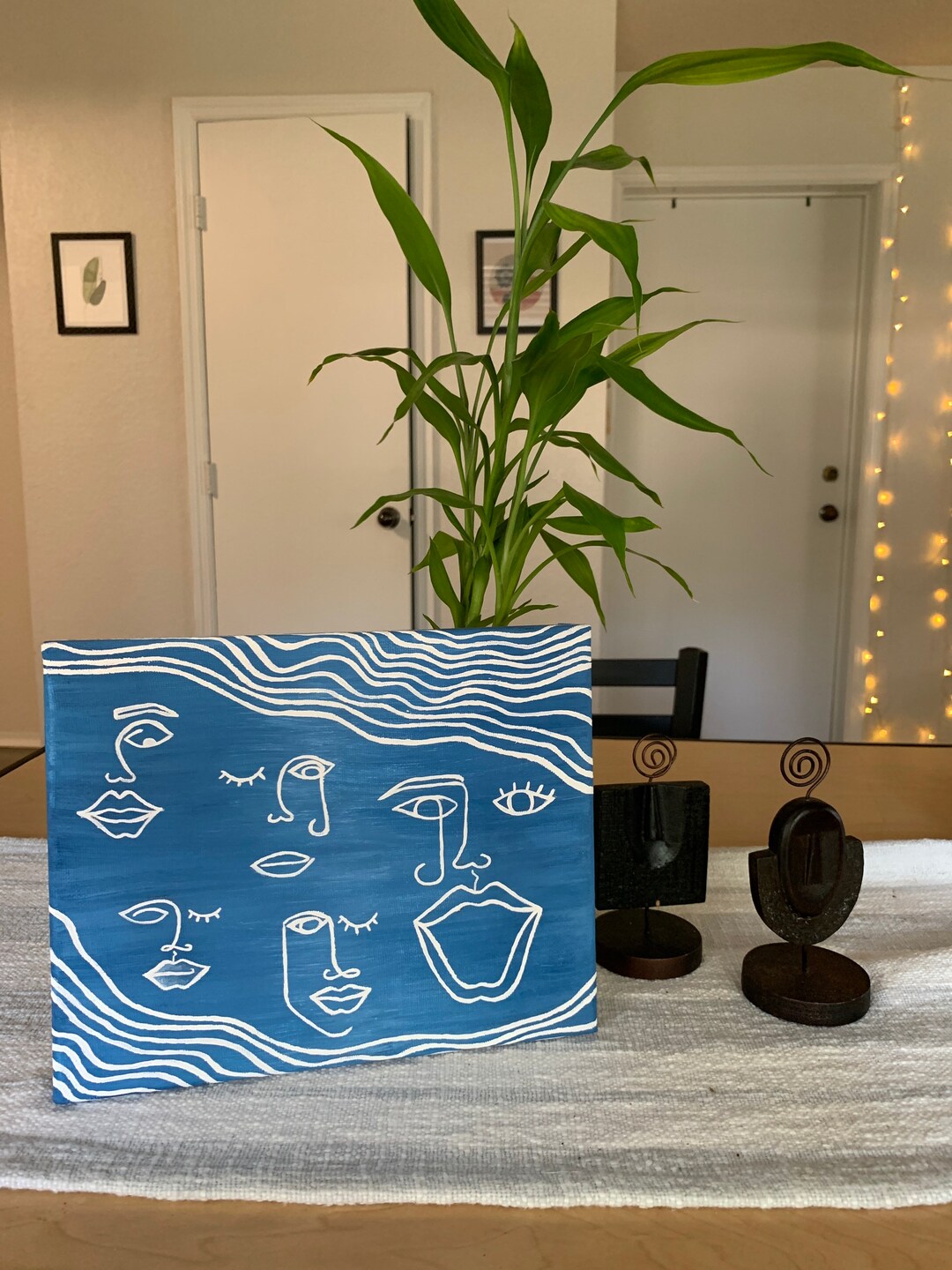 Acrylic Canvas Painting - Minimalist - One Line Faces - Blue and White ...