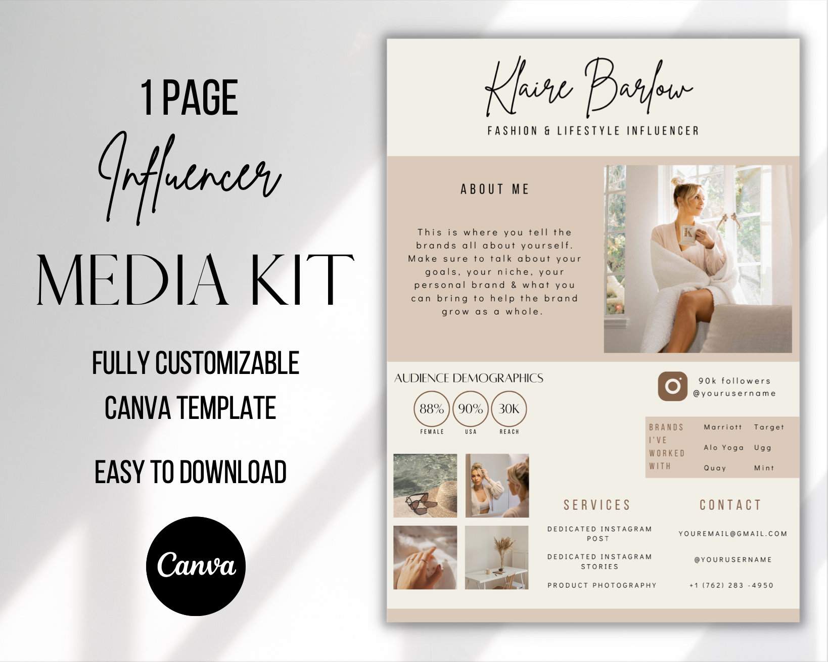 1 Page Media Kit Template, Influencer Media Kit, Canva Template, Media ...
