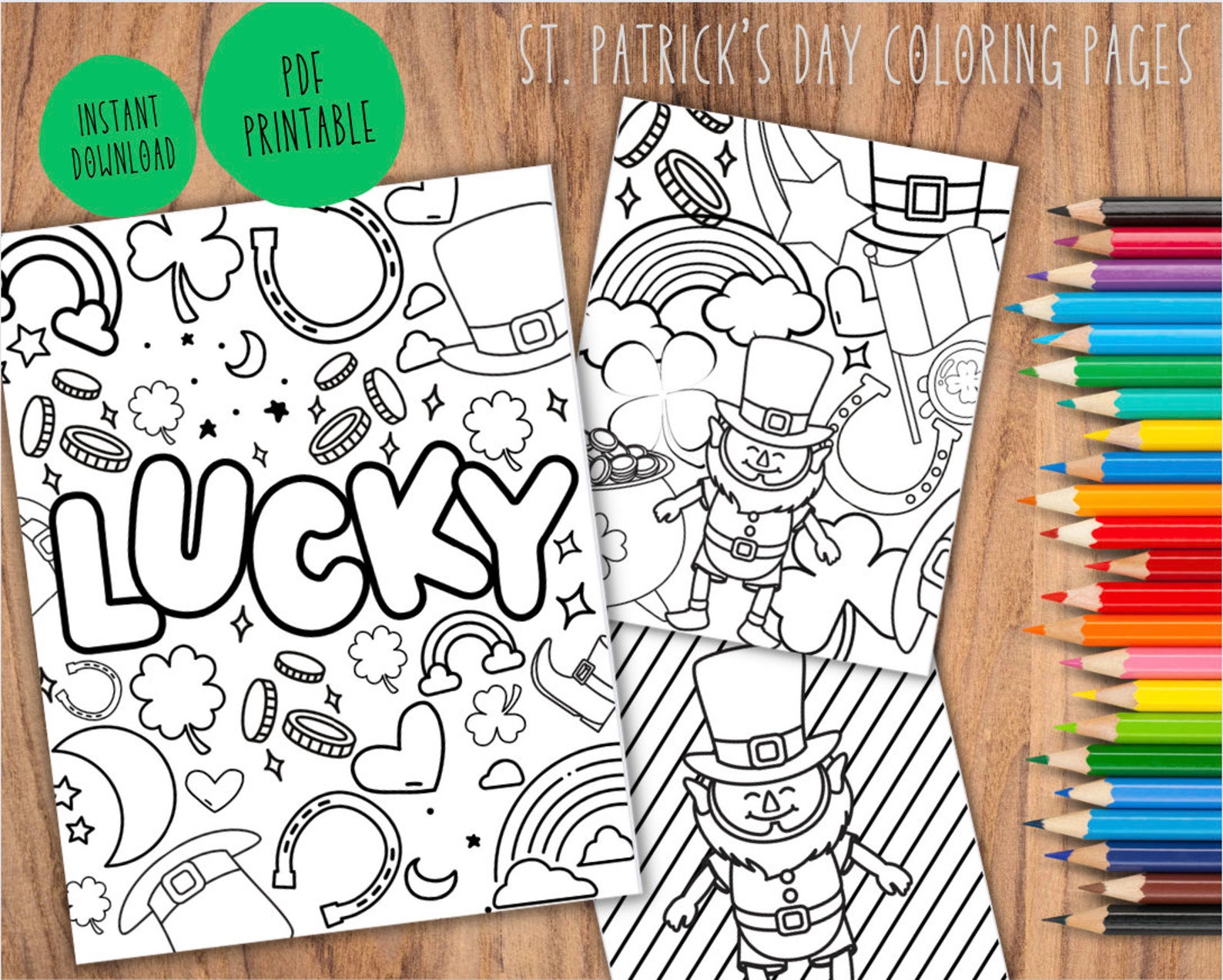 Printable St. Patrick's Day Coloring Page Bundle, Lucky Coloring Page ...
