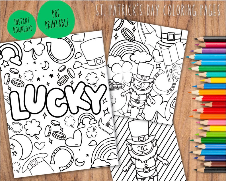 Printable St. Patrick's Day Coloring Page Bundle, Lucky Coloring Page ...