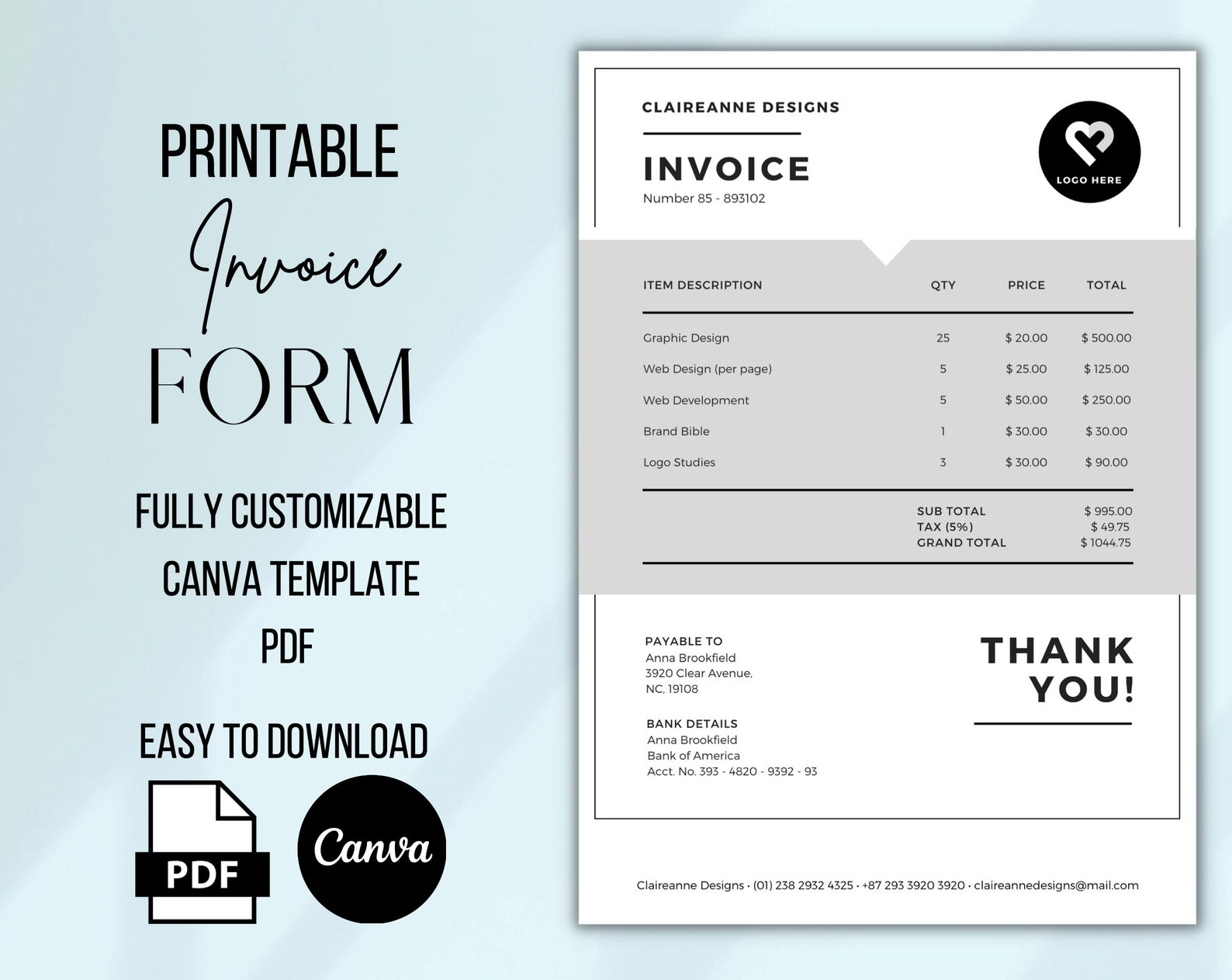 1 Page Invoice Template, Editable Billing Form, Editable Invoice Form ...