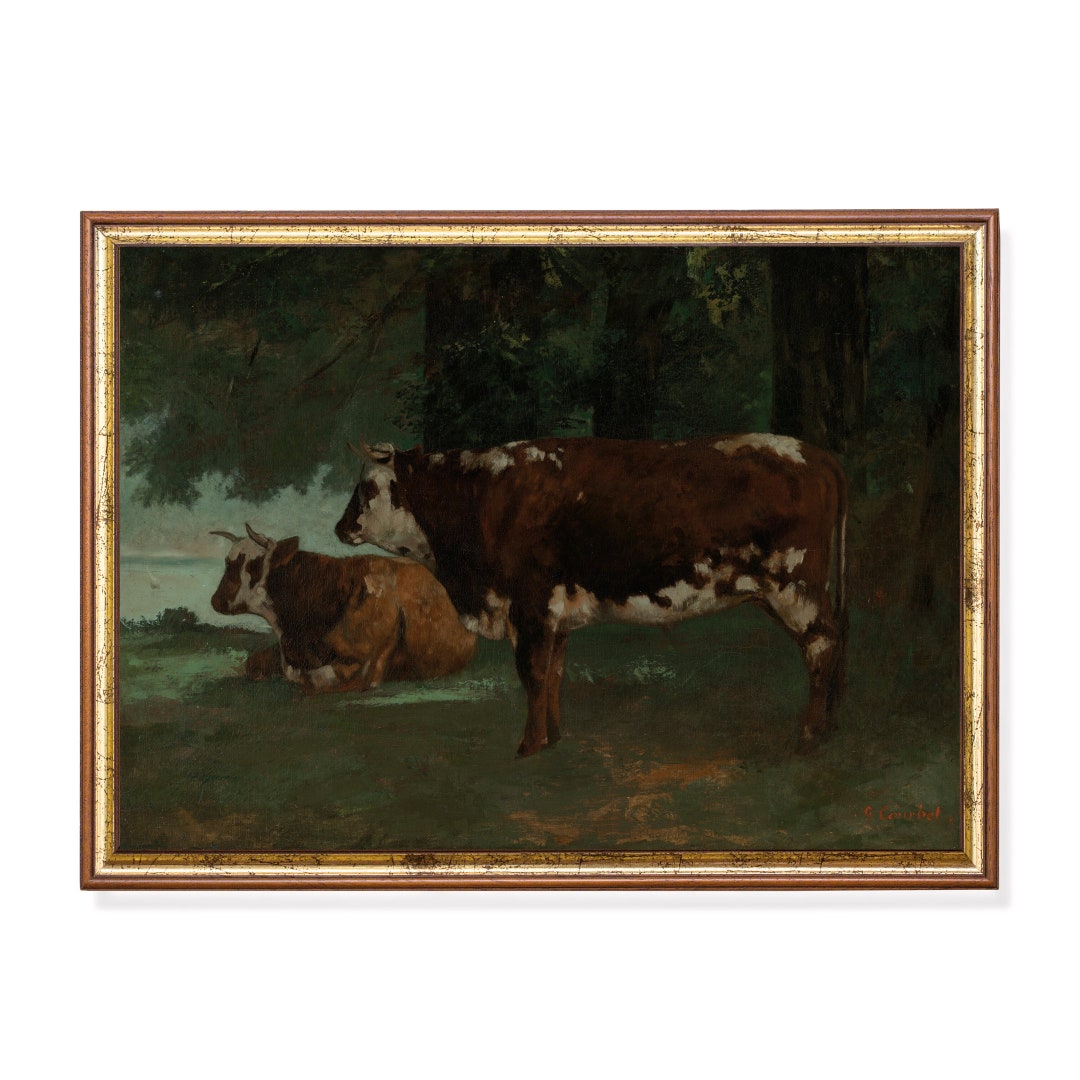 Vintage Two Cows Painting: Rustic Farmhouse Art Print - Etsy