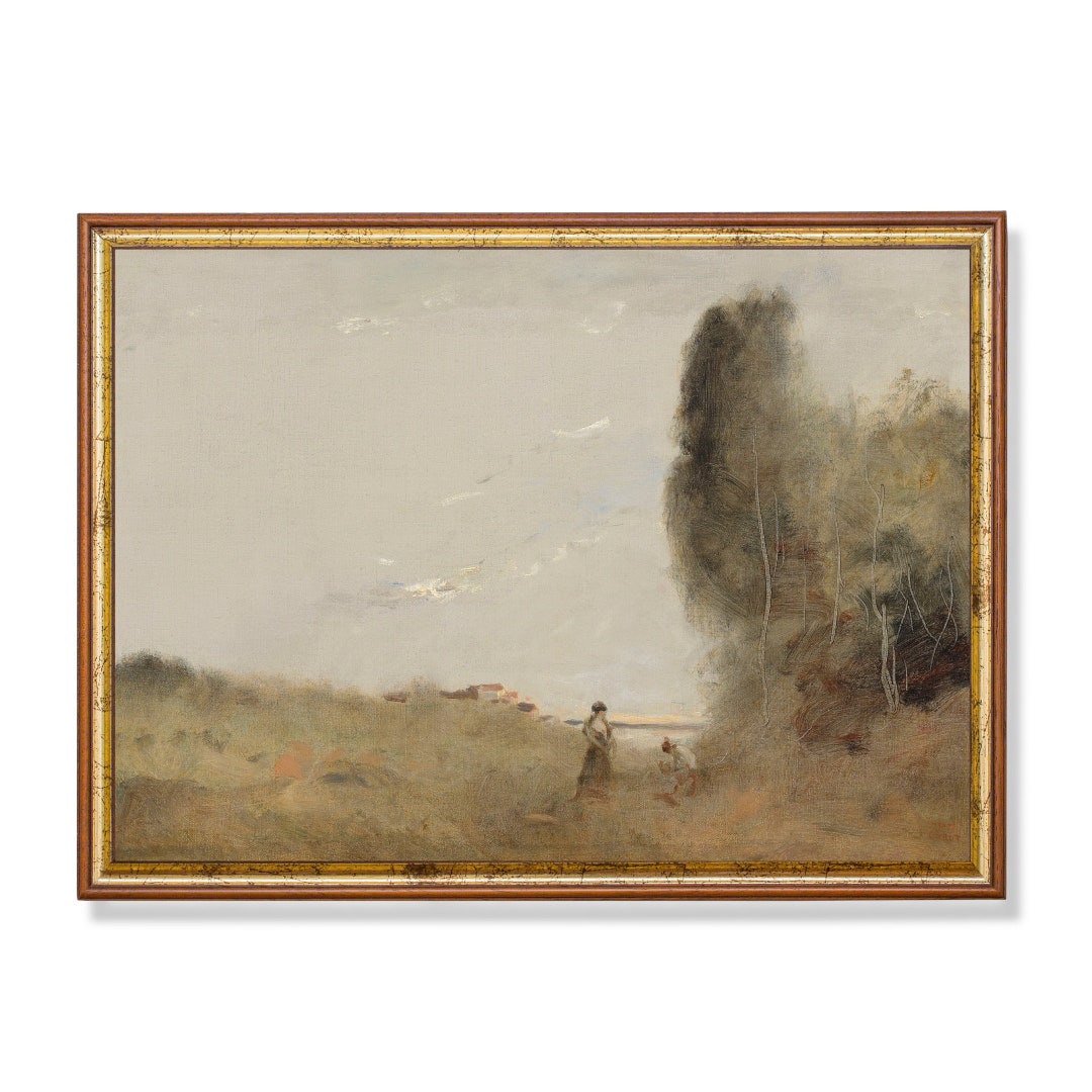 Vintage Landscape Painting: Muted Country Farmhouse Art (digital ...