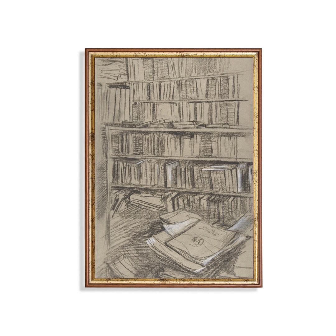 Print and Ship | Library Sketch Print | Vintage Drawing | Neutral ...