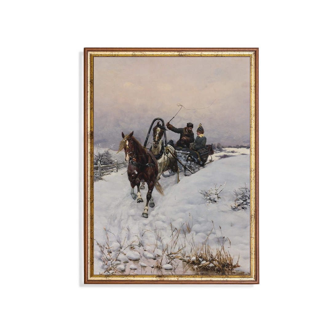 Printed and Shipped | Vintage Painting | Sleigh Ride in Winter | Snowy ...