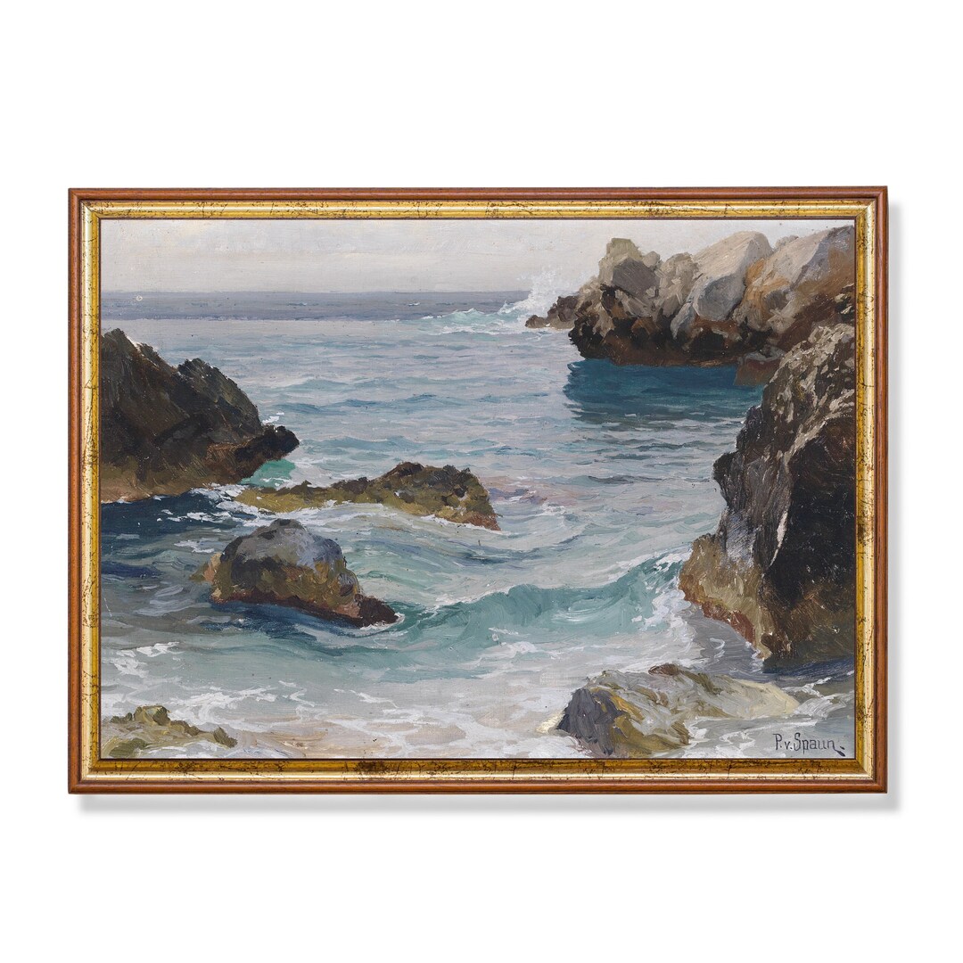 Print and Ship | Vintage Seascape Painting | Antique Ocean Beach Print | Coastal Decor | 19th ...