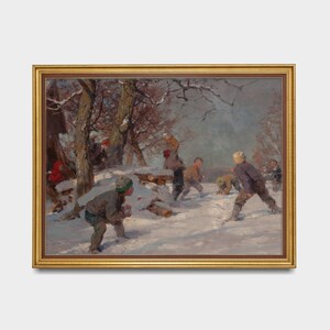 Printed and Shipped | Vintage Snowball Fight Painting | Antique Winter ...