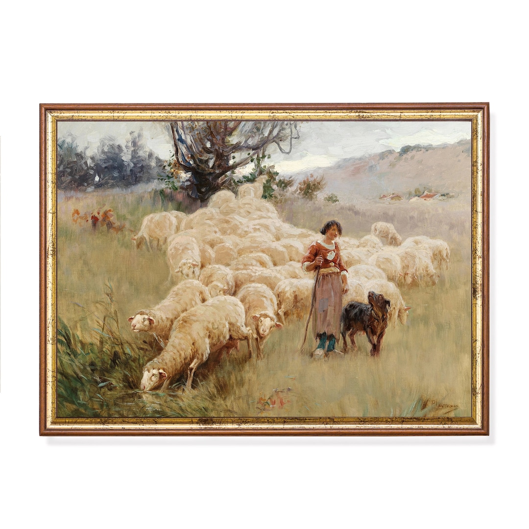 Printed and Shipped | Flock of Sheep Painting | Vintage Shepherdess ...