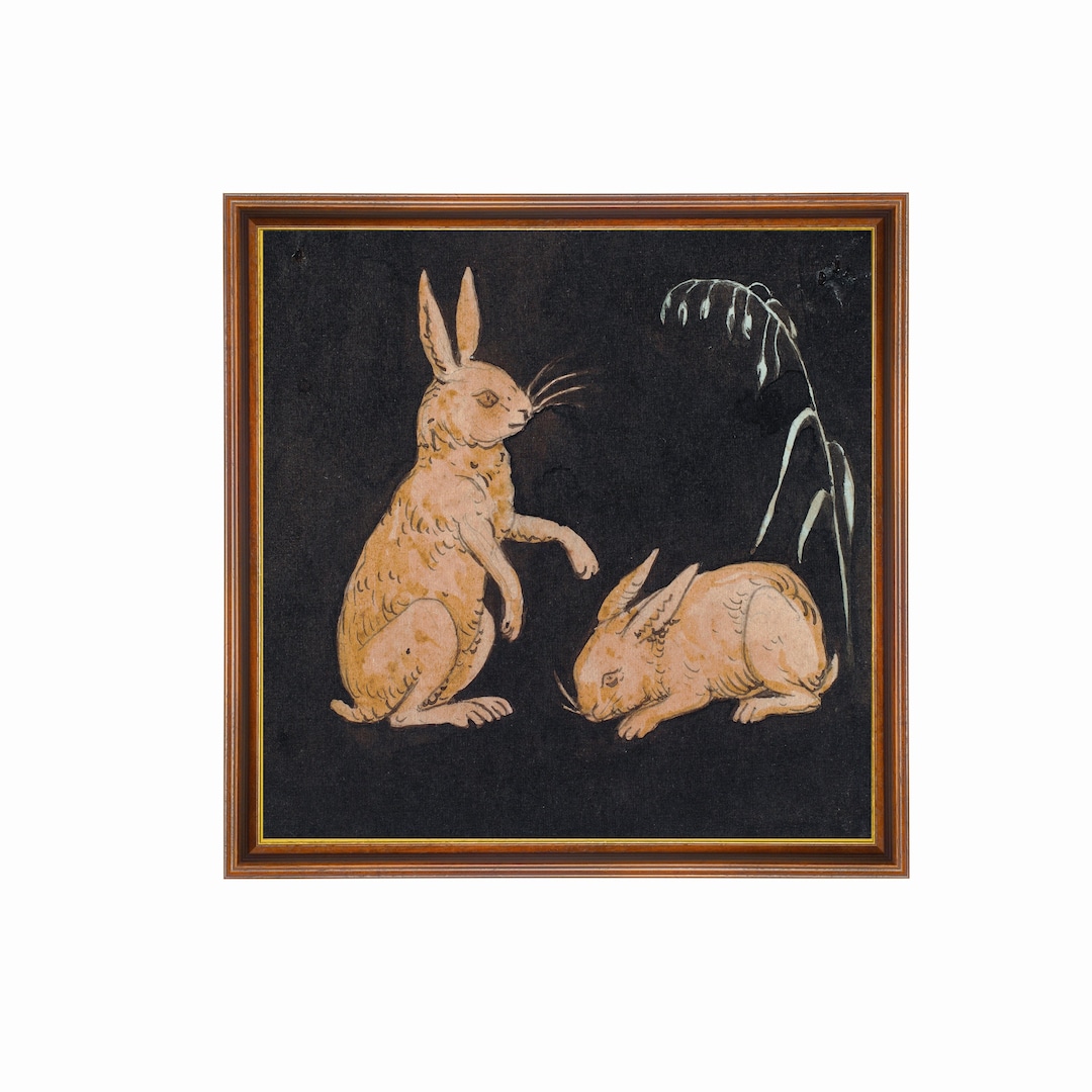 Mailed Print | Square Art Print | Vintage Rabbit Painting | Two Rabbit ...