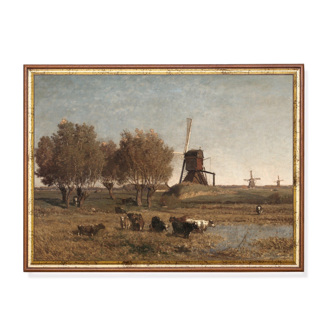 Vintage Farmhouse Landscape Painting: Antique Windmills Art Print ...