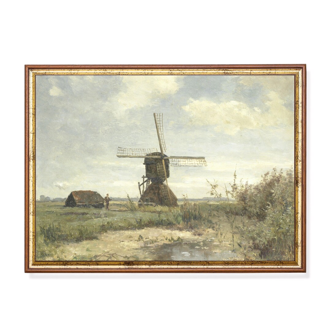 Printed and Shipped | Vintage Landscape Painting | Antique Windmill ...
