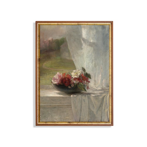 Window View Painting Vintage Still Life Antique Floral Art - Etsy