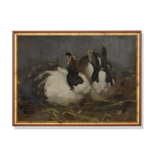 Vintage Rabbit Painting Antique Bunnies Print Rustic - Etsy