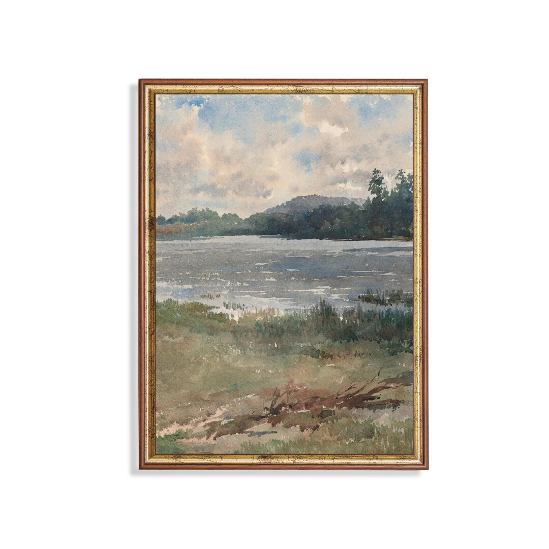 Vintage Lake Watercolor Painting: Rustic Cottagecore Landscape Print ...