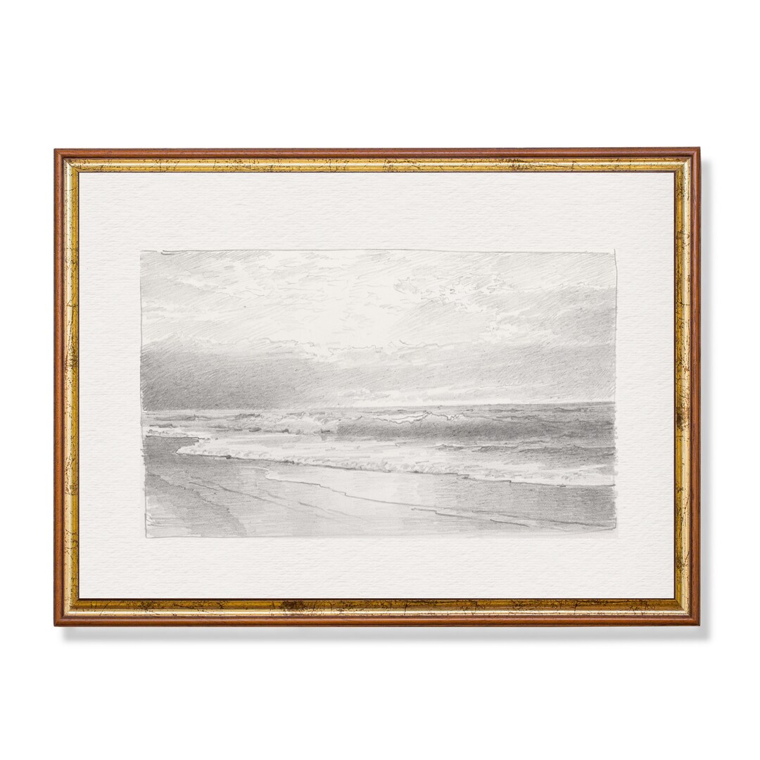 Vintage Sketch Drawing | Antique Seascape Print | Graphite Ink Drawing ...