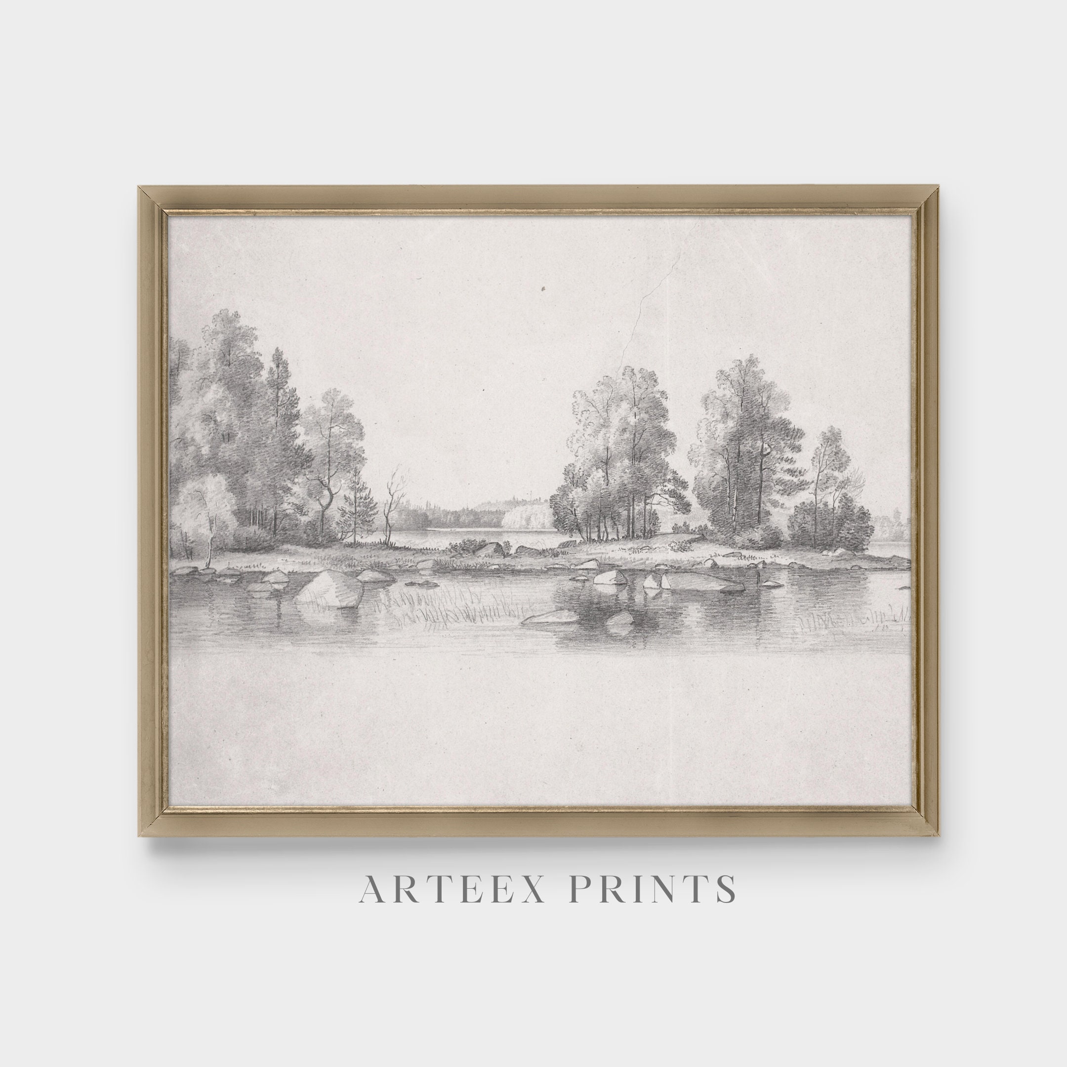 Vintage Sketch Drawing Antique Lake Landscape Digital | Etsy