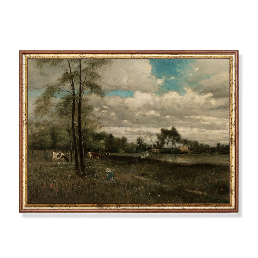 Vintage Pastoral Landscape Print – 19th Century Farm Scene With Cows ...