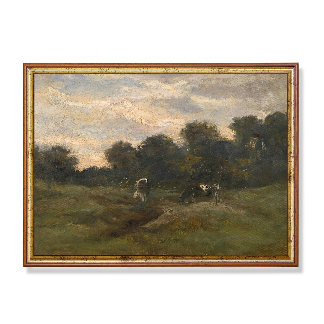 19th Century Pastoral Landscape Art Print: Cows in Meadow (digital ...