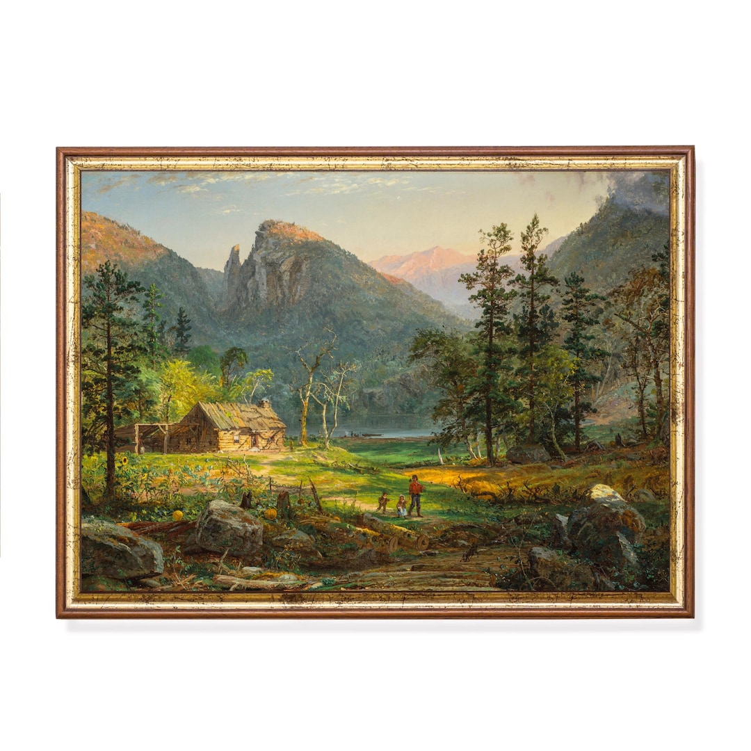 Vintage Mountain Cabin Landscape Print – Rustic Homestead Scene With ...