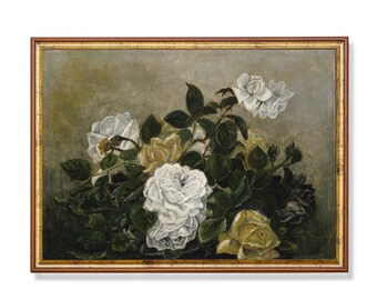 Still Life With Flower Vintage Rustic Oil Painting Print Etsy