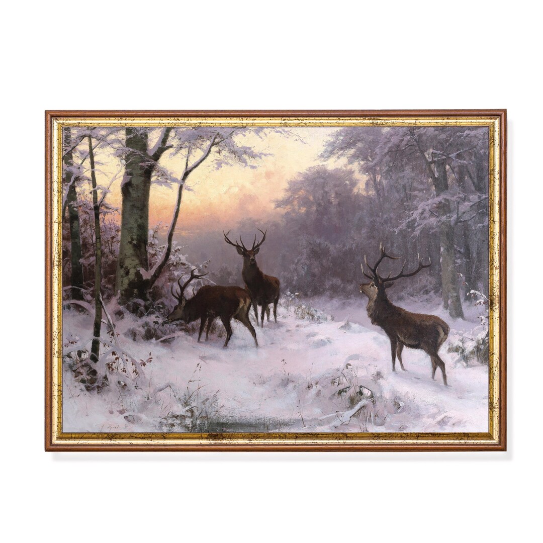 Vintage Deer Painting | Antique Winter Landscape | Snow Scenes ...