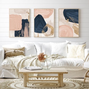 Blush Pink Wall Art Navy Blue Printable Poster Abstract Prints Set of 3 ...