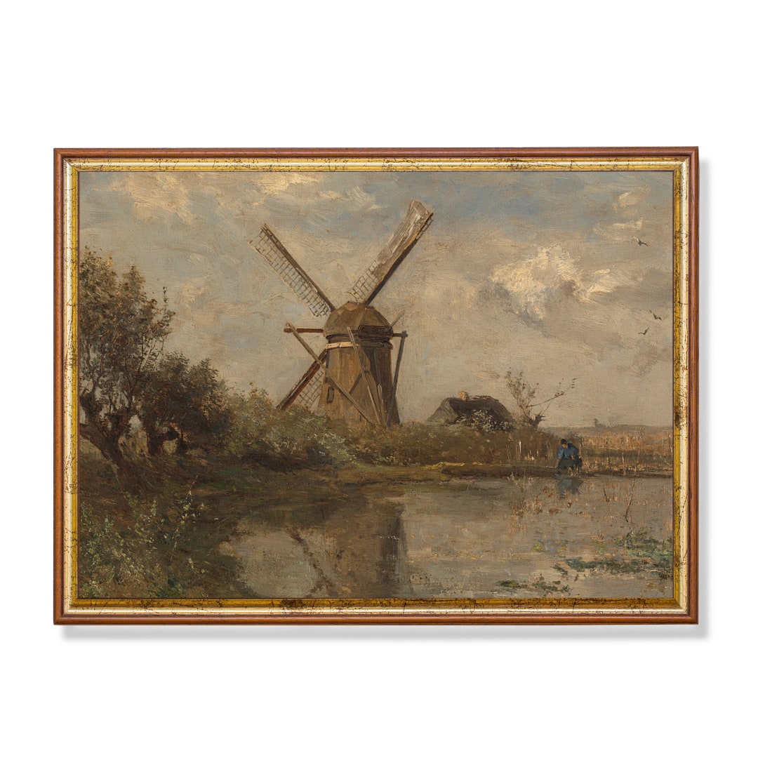 Vintage Dutch Windmill Painting: 19th Century Landscape Art (digital ...