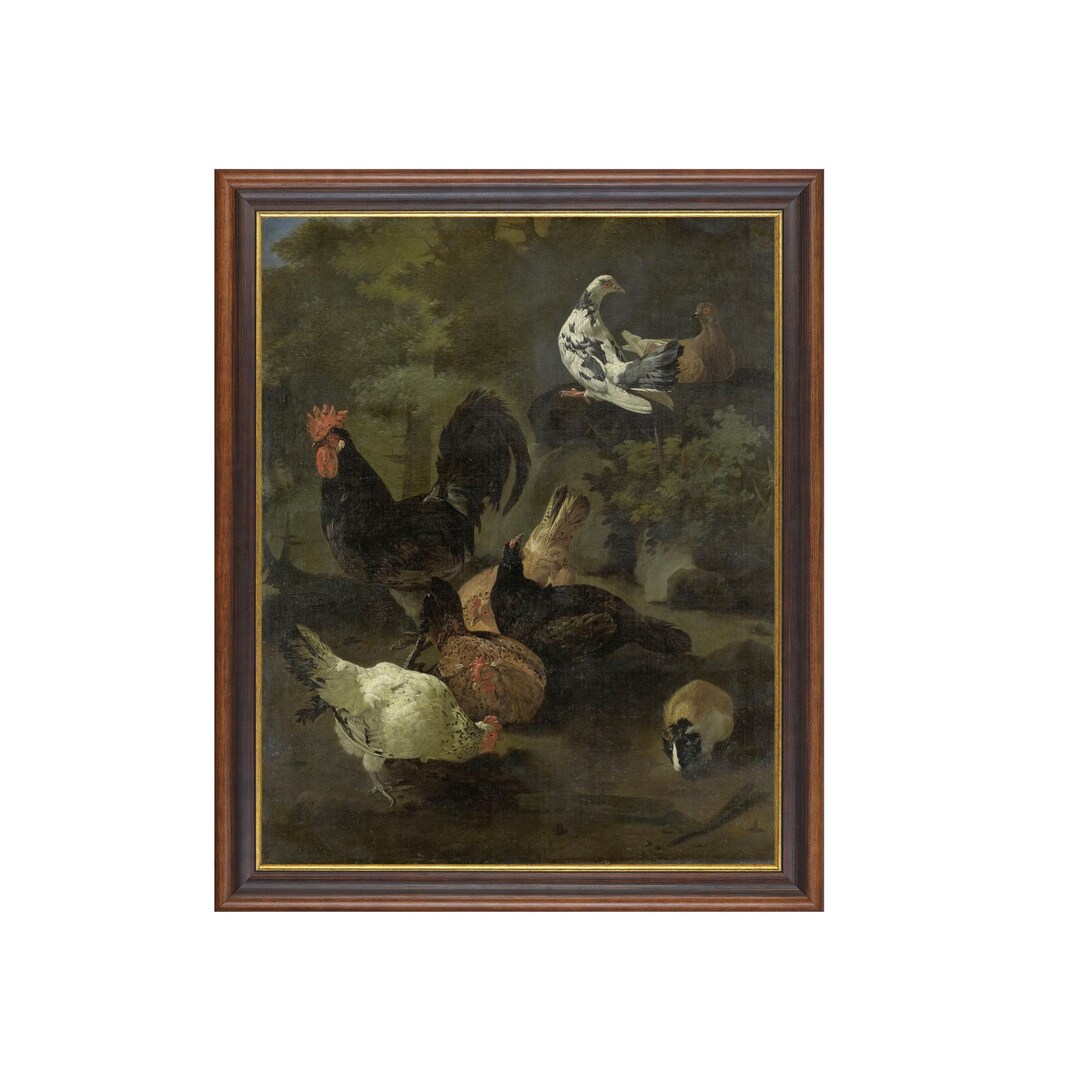 Mailed Print | Vintage Chicken Hen Doves Painting | Antique Rooster ...