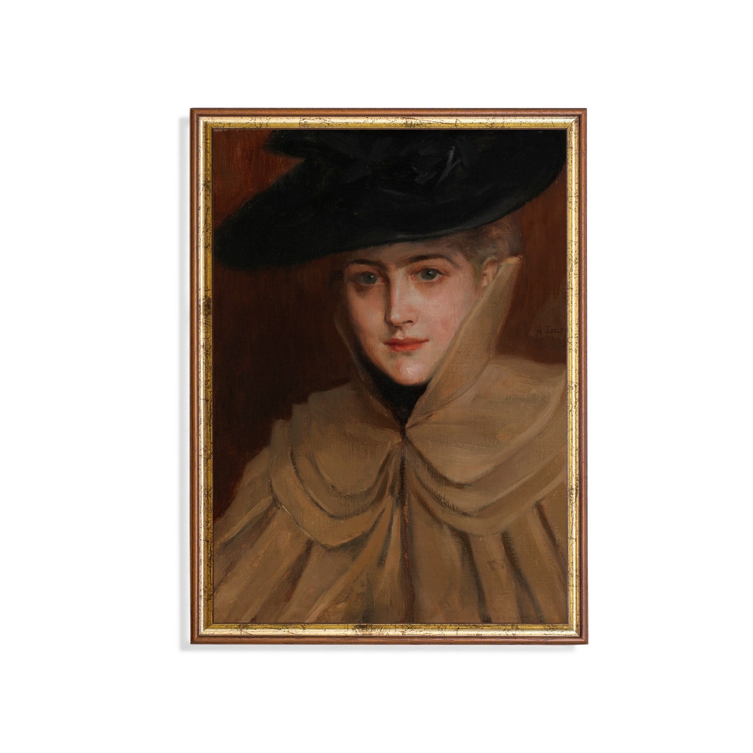 Vintage Woman Portrait Print: Elegant Lady in Black Hat (digital ...