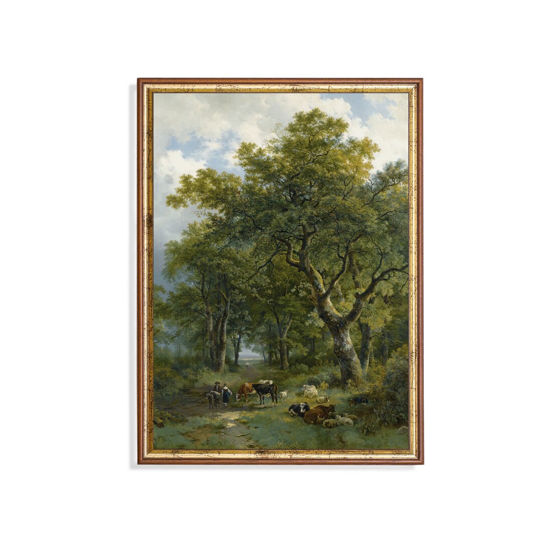 Vintage Forest Pasture Art Print – Antique Woodland Scene With Cattle ...
