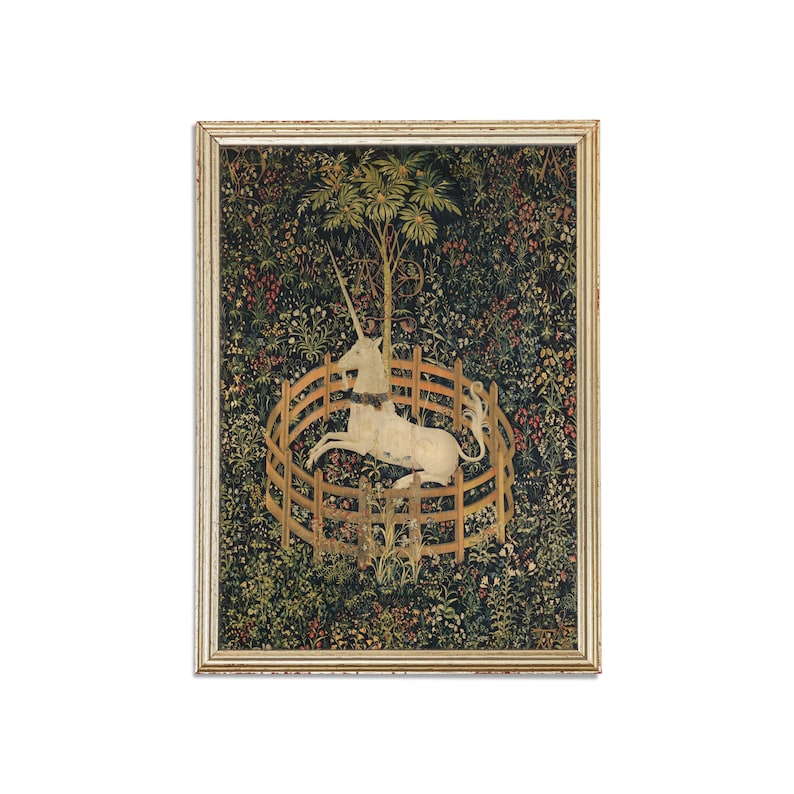 Unicorn in Captivity Tapestry Print: Vintage Medieval Floral Wall Art ...