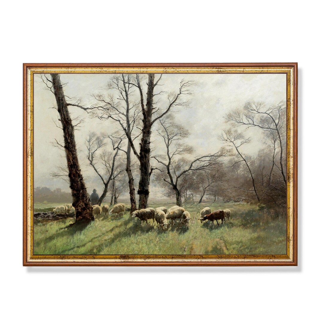 Vintage Shepherd Landscape Painting: Antique Farmhouse Decor (digital ...