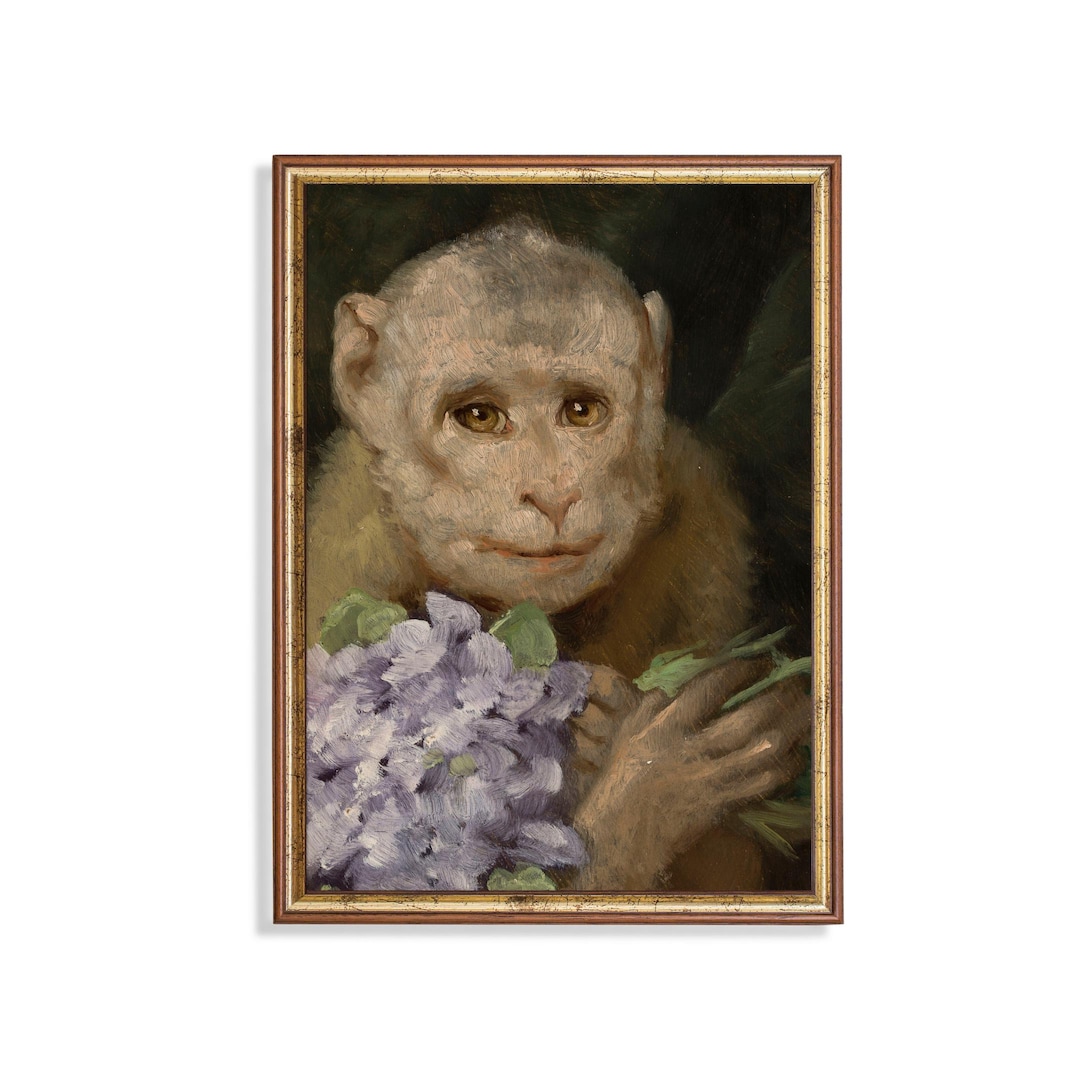 Monkey With Violets – Vintage Animal Portrait Print, Expressive Monkey ...