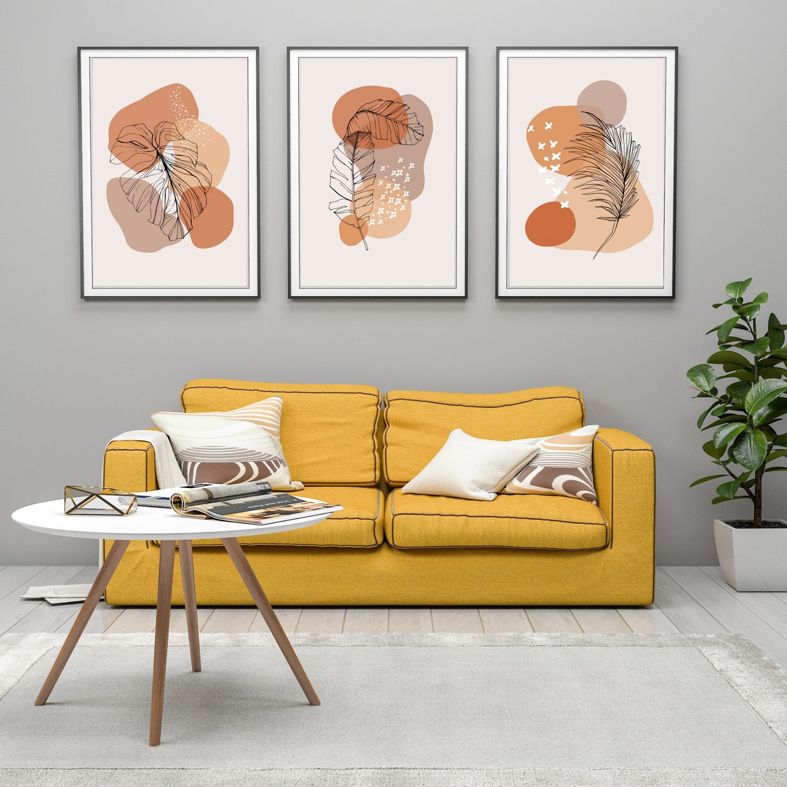 Set Of 3 Boho Prints 3 Piece Wall Art Boho Botanical Leaf Mid | Etsy