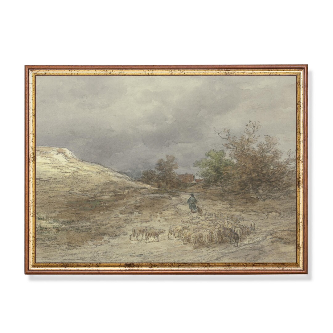 Print and Ship | Shepherd With His Flock of Sheep | Vintage Painting ...