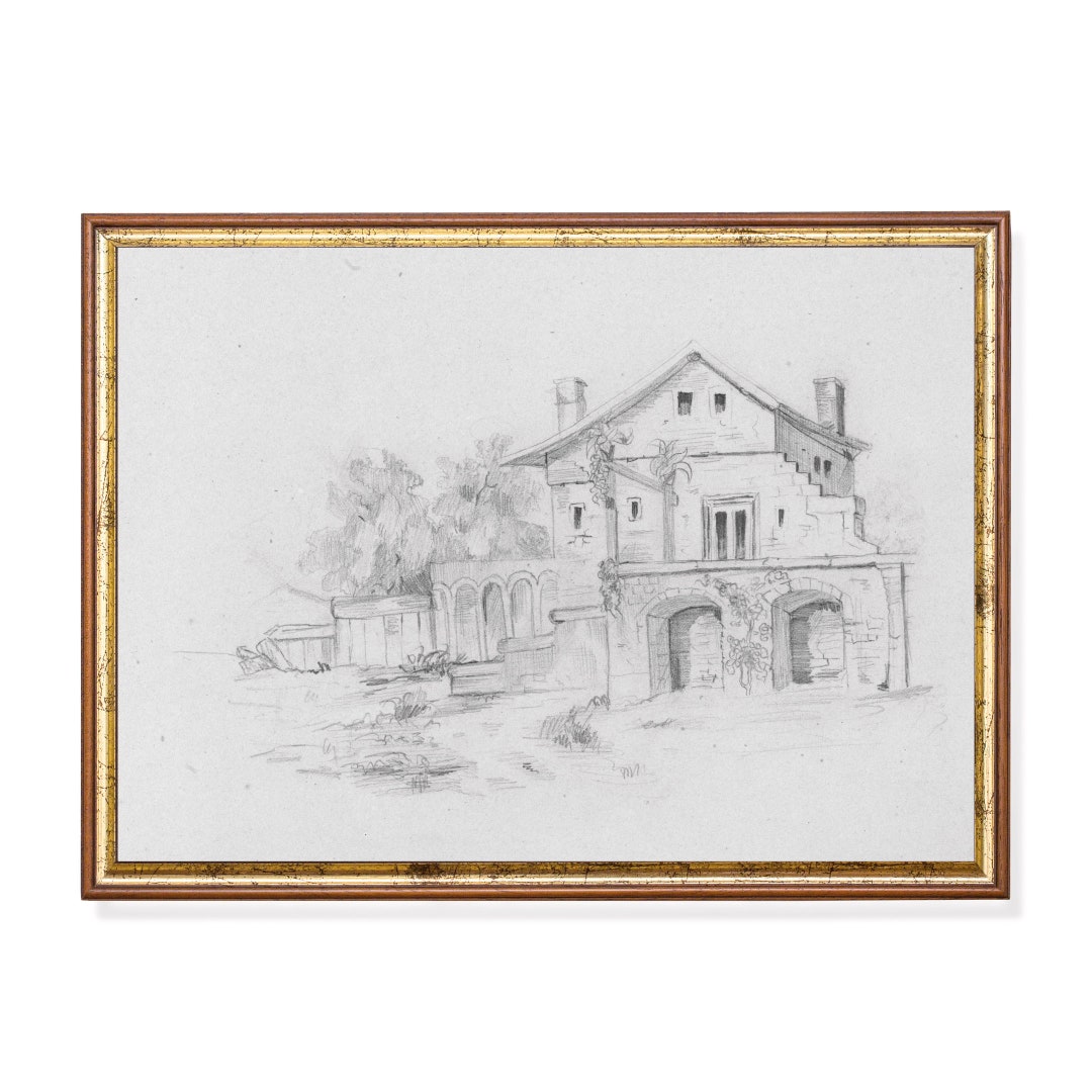 Vintage House Sketch | Antique House Drawing | Neutral Rustic Artwork ...