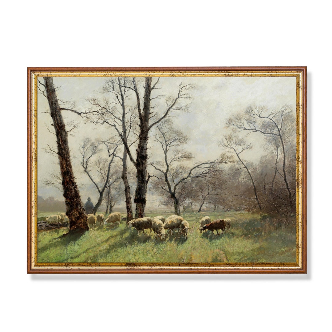 Print and Ship | Shepherd With His Flock of Sheep | Vintage Painting ...
