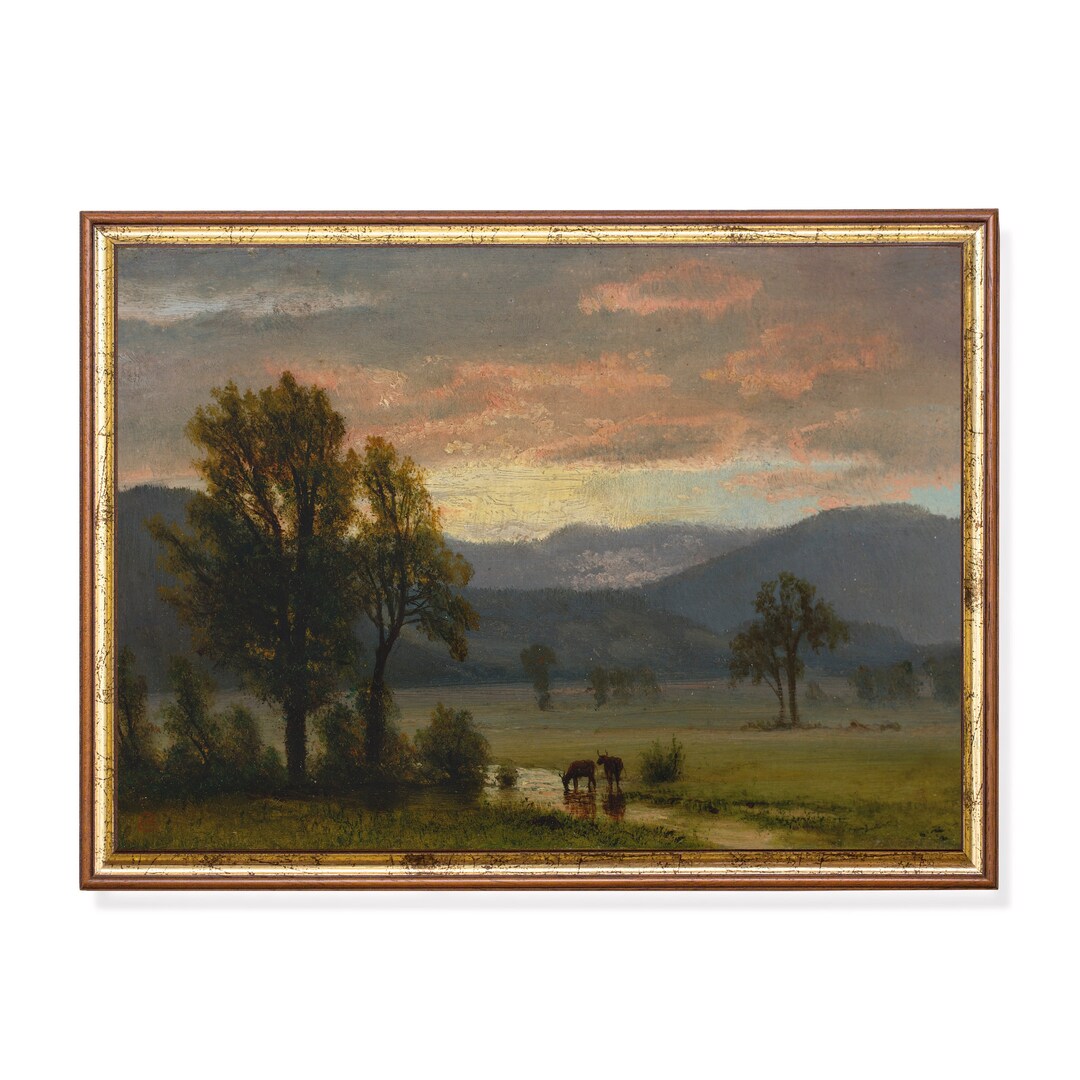 Vintage Sunset Landscape Art Print – Restored Pastoral Painting ...