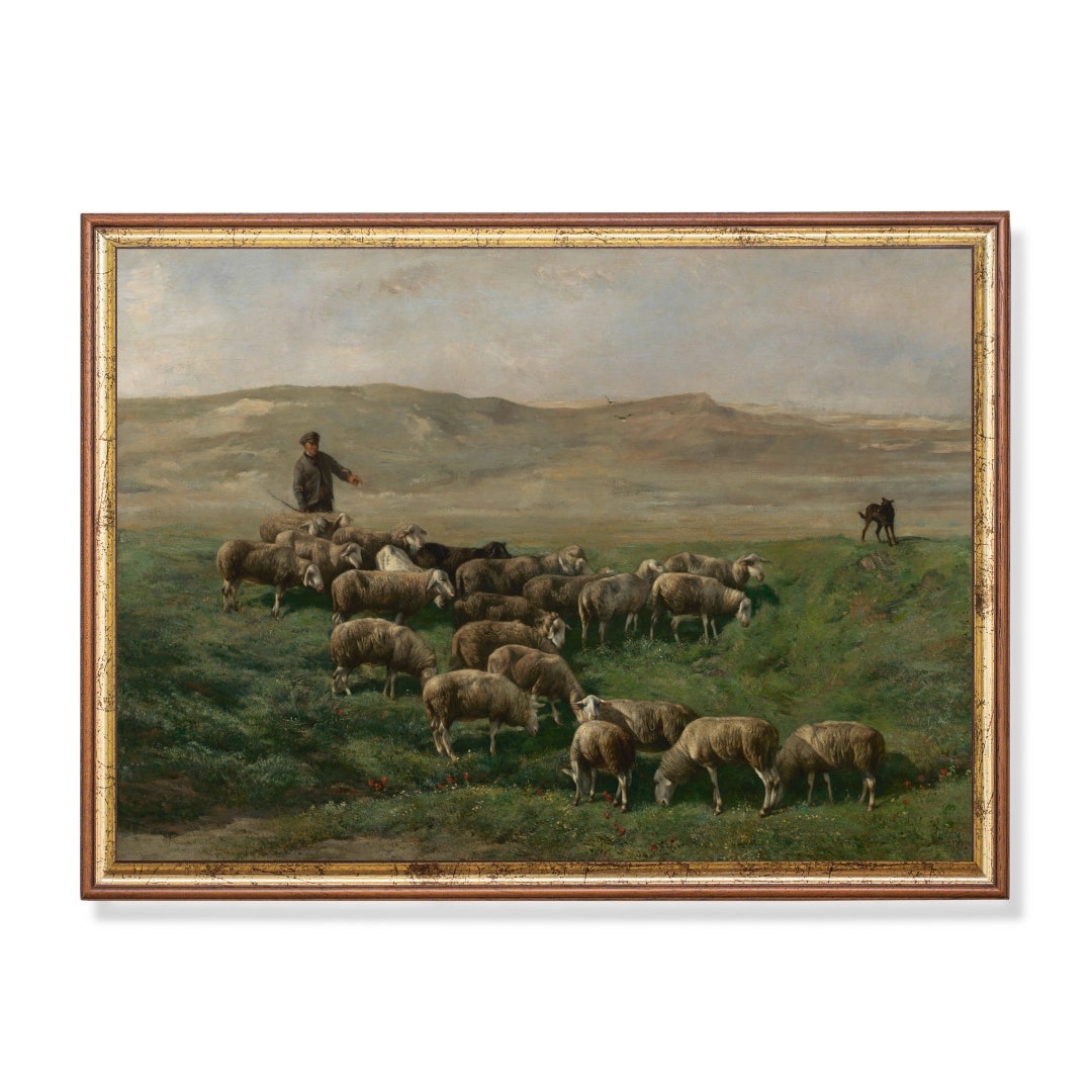 Print and Ship | Shepherd With His Flock of Sheep | Vintage Painting ...