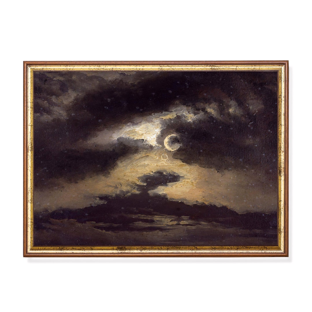 Printed and Shipped | Vintage Moonlight Painting | Antique Night Sky ...