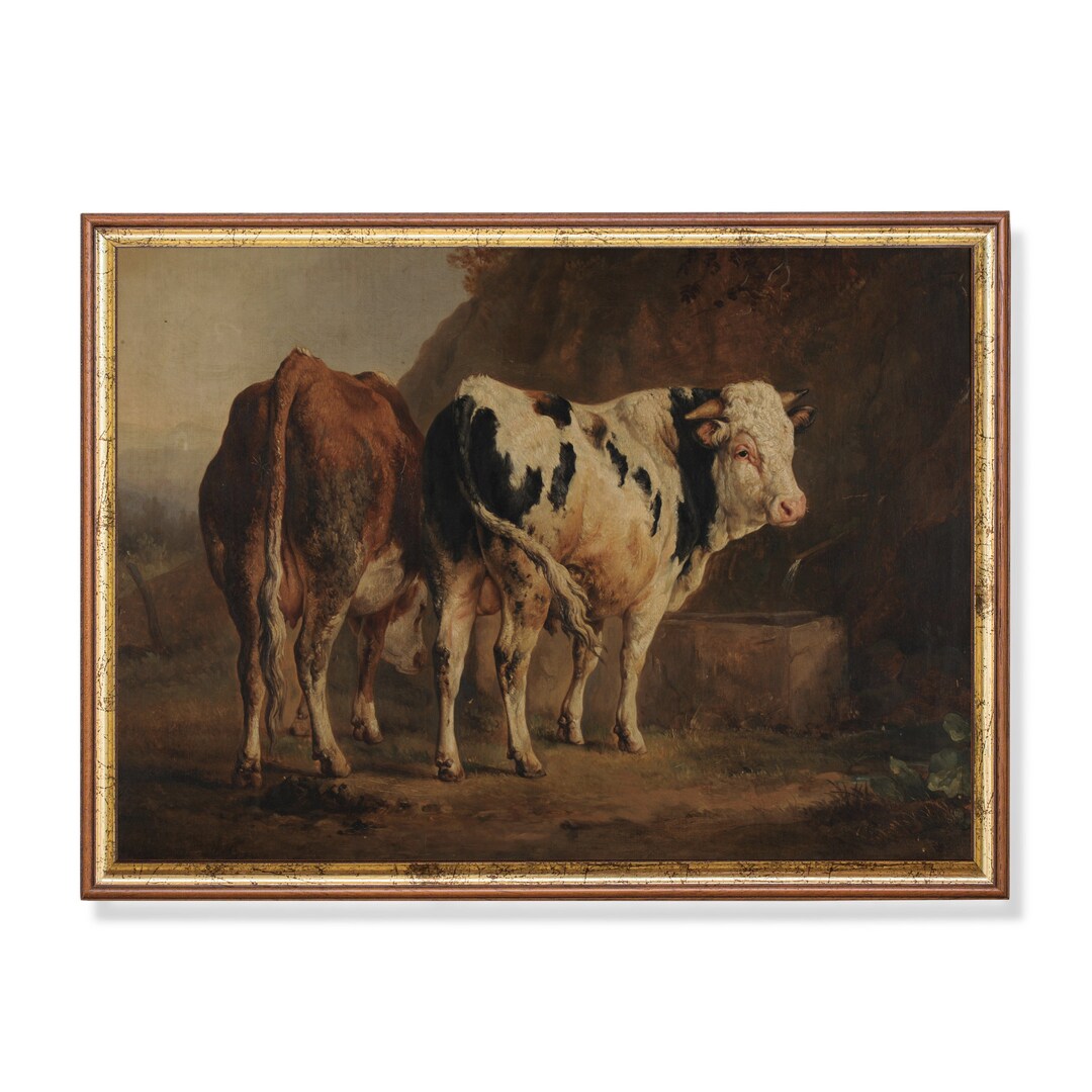Vintage Cow and Bull Painting: Moody Farmhouse Art Print - Etsy