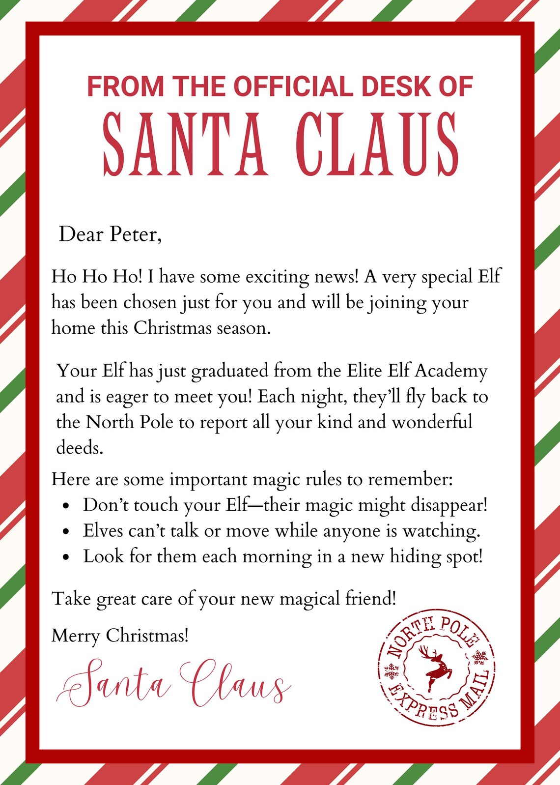 Elf Welcome Letter From Santa First Time Elf Arrival Note Personalized ...