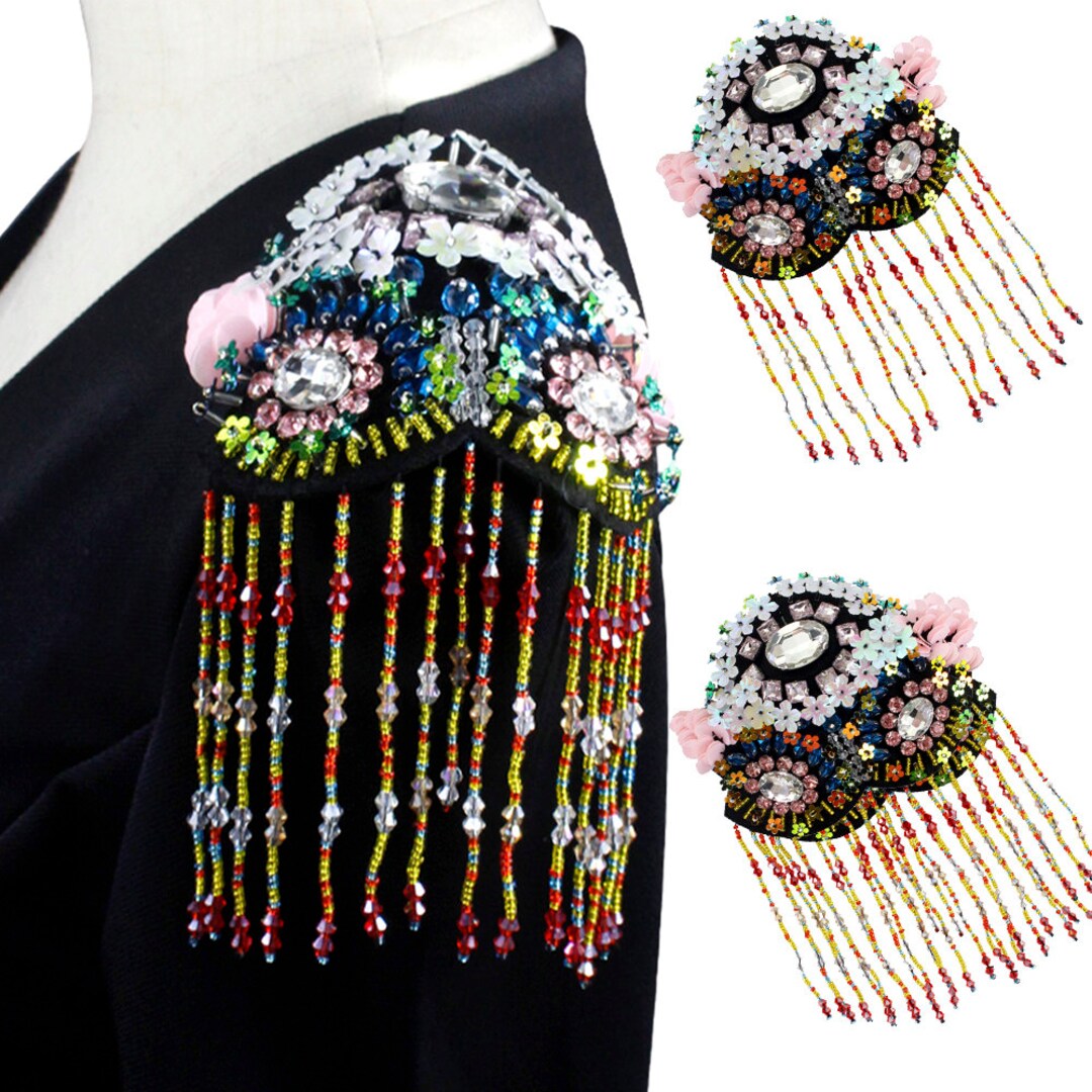 Beaded Sequin Flower Tassel Epaulette Punk Coat Suit Badge Sew on ...