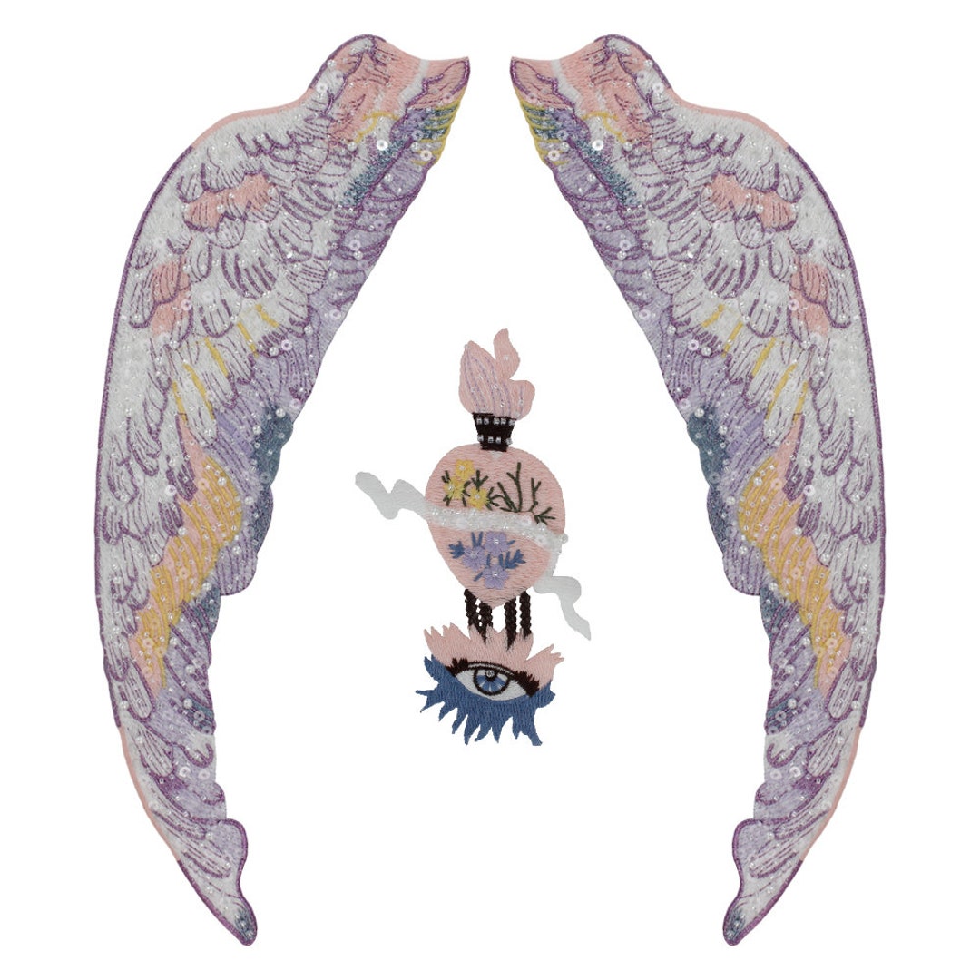 Beaded Pink Wings Patches Flaming Heart Applique Evil Eyes Embroidered ...