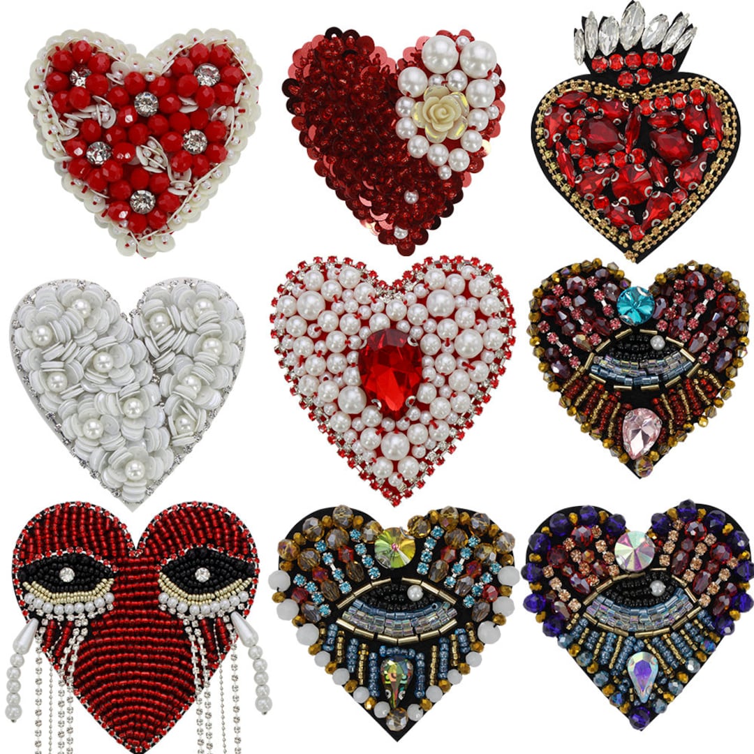 Beaded Crow Heart Applique Mexican Fork Art Patches Sequin Sacred Heart ...